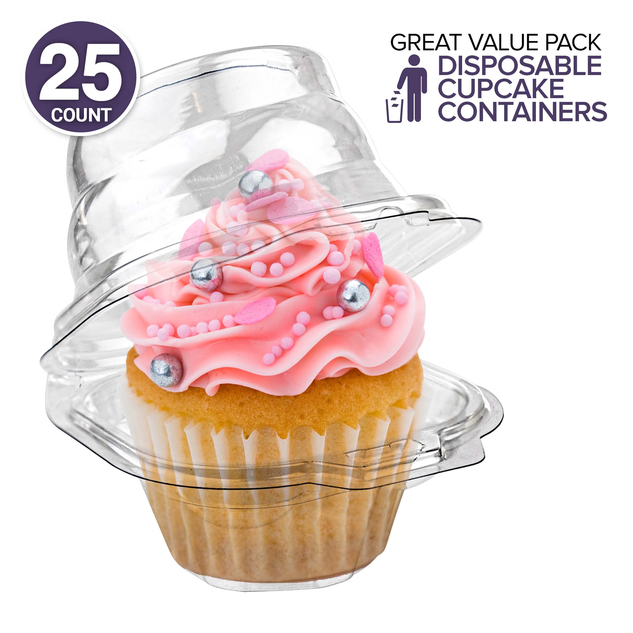 Stock Your Home Individual Plastic Cupcake Containers Disposable with Connected Airtight Dome Lid (25 Count) Clear Single Cupcake Container, BPA Free