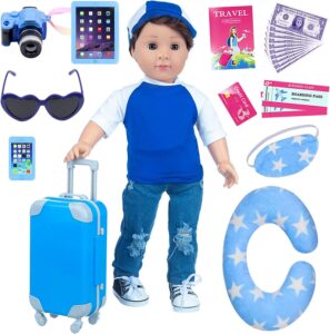 ecore fun 24 pcs 18 inch boy doll clothes and accessories suitcase play set included travel carrier clothes camera phone travel pillow passport tickets cashes credit card map