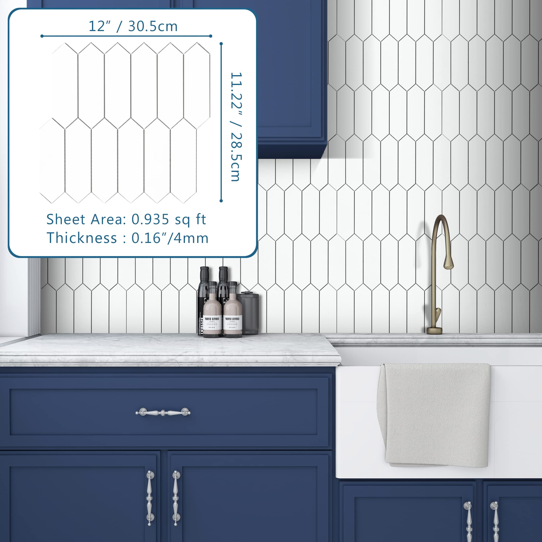 SUNWINGS Backsplash for Kitchen Peel and Stick, Stone Composite Self Adhesive Tiles Long Hexagon Mosaic Wall Tile, 12 Inch x 11.22 Inch 10 Sheets White