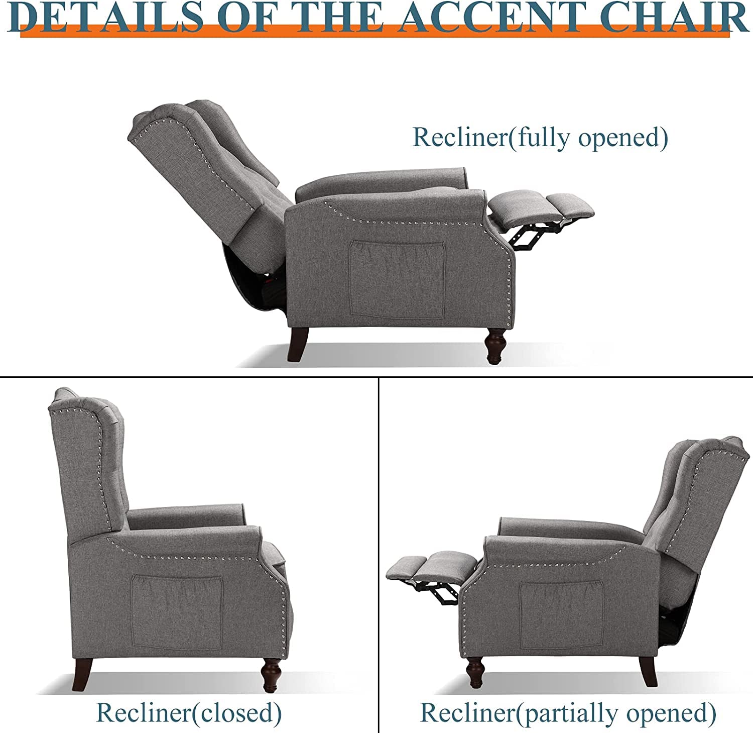 OQQOEE Wingback Recliner Chair Set of 2 with Massage & Heat Vibration, Fabric Push Back Accent Chairs Diamond Tufted Reclining Armchair for Living Room, Bedroom (Fabric, Grey*2)