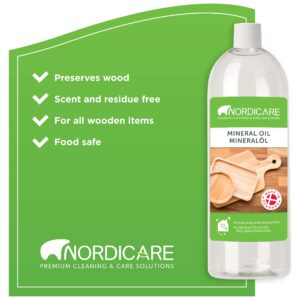 nordicare food grade mineral oil - tasteless and odourless cutting board oil - suitable for wood and bamboo countertops, cutting boards and blocks, stainless steel, stone (34oz)