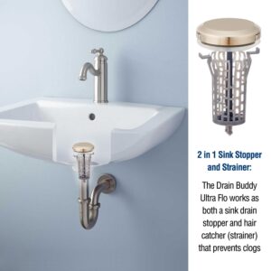 Drain Buddy Ultra Flo- 2 in 1 Bathroom Sink Stopper & Hair Catcher W/Patented Pull Clean Technology! | Fits 1.25” Sink Drains, Clog Preventing | Brushed Nickel Cap / 1 Replacement Basket