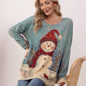 YESNO Ugly Christmas Sweater for Women Funny Snowman Graphic Printed Pullover Sweaters 2XL S01 CR121