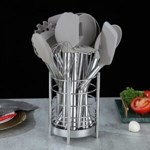 HOMQUEN Kitchen Utensil Holder for Kitchen Counter, Stainless Steel Utensil Crocks, Utensil Storage Caddy Organizer, Cooking Utensil Holder, kitchen tools, Easy Cleaning (Silver/7.4''x5.2'')