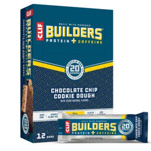 clif builders + caffeine - chocolate chip cookie dough flavor - protein bars - gluten-free - non-gmo - low glycemic - 20g protein - 2.4 oz. (12 count)