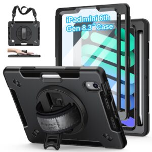 case for ipad mini 6 2021: military grade shockproof tpu protective cover for kids ipad mini 6th generation 8.3 inch with screen protector- stand + handle + shoulder strap + pencil holder- black