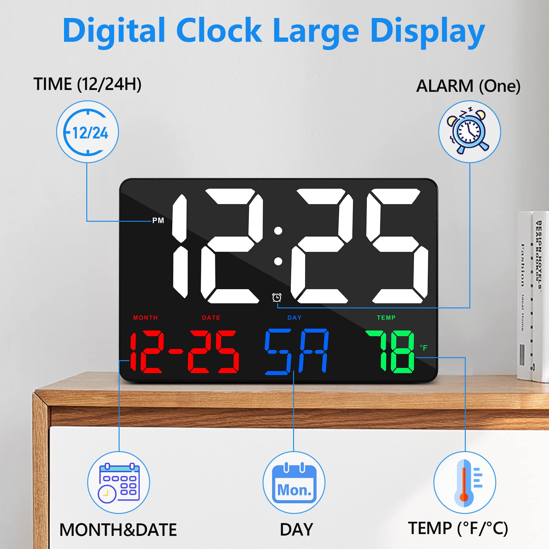 Digital Wall Clock,11.5" LED Digital Alarm Clock Large Display,with Remote Control,Adjustable Brightness, Calendar, Temperature, Snooze, 12/24 H, for Living Room, Office, Bedroom, Elderly, Adults