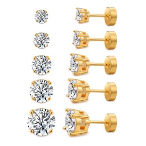 kainier women's 5 pairs 14k gold plated cz stud earrings flat back earrings simulated diamond round surgical steel cubic zirconia hypoallergenic flat back ear stud set（5 pairs)