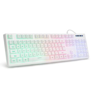 huo ji white gaming keyboard usb wired with rainbow led backlit, floating keys, mechanical feeling, spill resistant, ergonomic for xbox, ps series, desktop, computer, pc