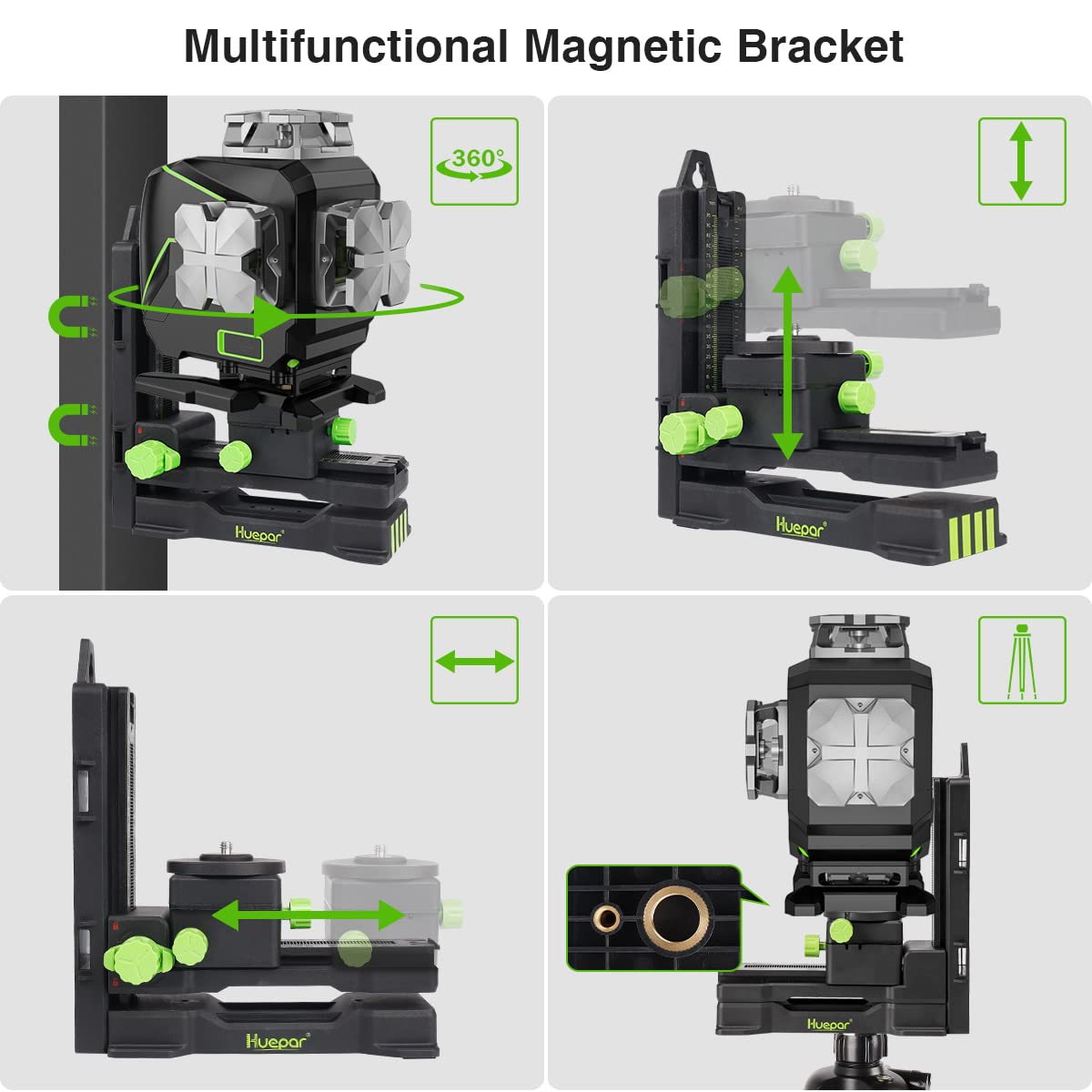 Huepar 16 Lines Self-Leveling Laser Level 4x360° Cross Line Laser with Receiver -LCD Screen, 4D Bluetooth Green Beam Tiling Floor Laser Tool, 360° Horizontal/Vertical Laser Kit -Remote Control S04-5RG