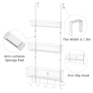 CADUKE Over The Door Organizer Hanger with Basket Hanger Door Towel Rack with 5 Hooks Back of Door Storage Organizer Behind Door Hooks Hanger Shelf for Bathroom, Kitchen, Office, White