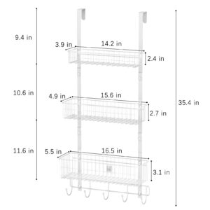 CADUKE Over The Door Organizer Hanger with Basket Hanger Door Towel Rack with 5 Hooks Back of Door Storage Organizer Behind Door Hooks Hanger Shelf for Bathroom, Kitchen, Office, White