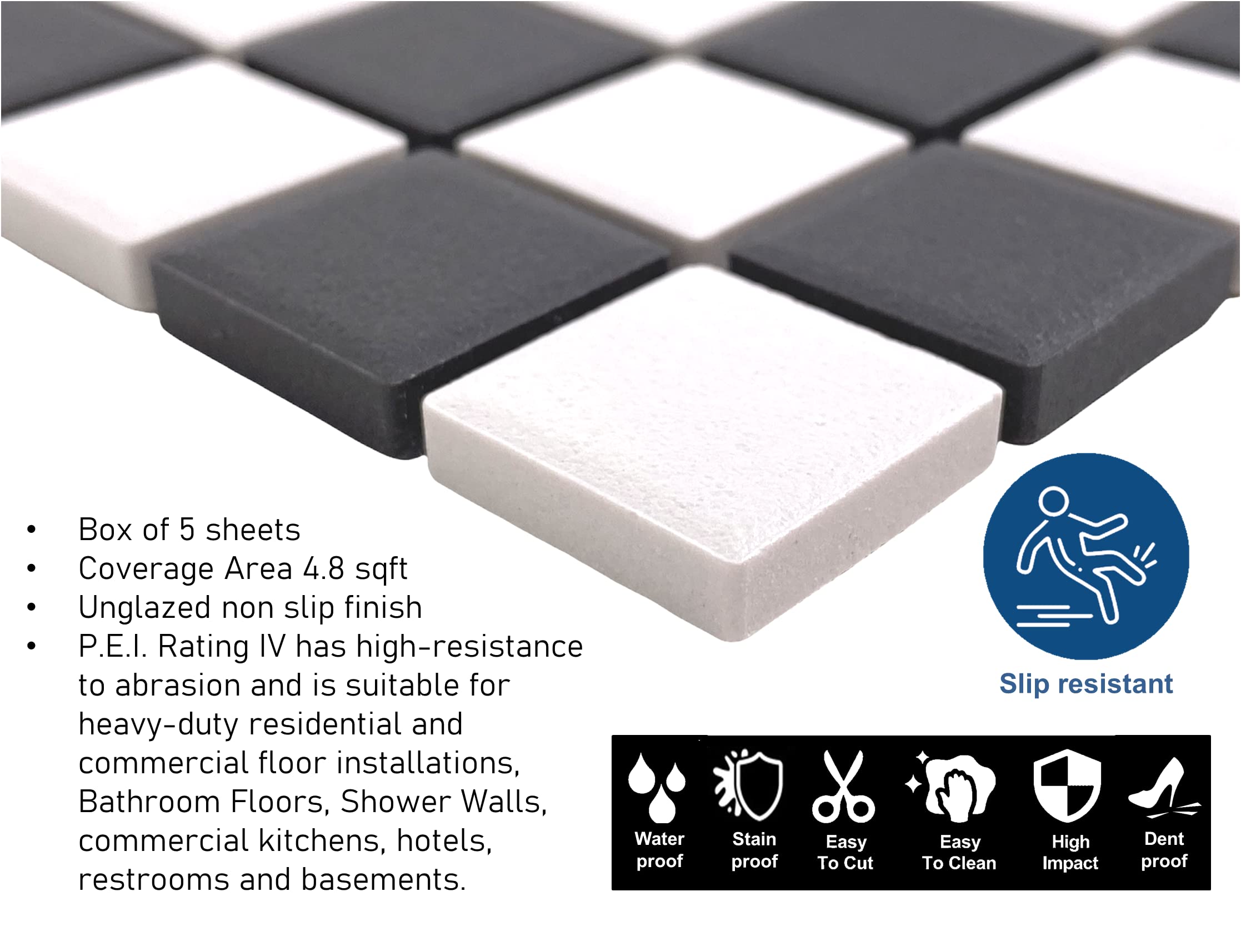 TDPW-UGBW1X1-400 Black Greyish Charcoal & White Checkered Unglazed Porcelain 7/8 Inch Square Mosaic Tile for Bathroom Floors, Walls, Kitchen Backsplash and Pool (Not Peel and Stick) - Box of 5 Sheets