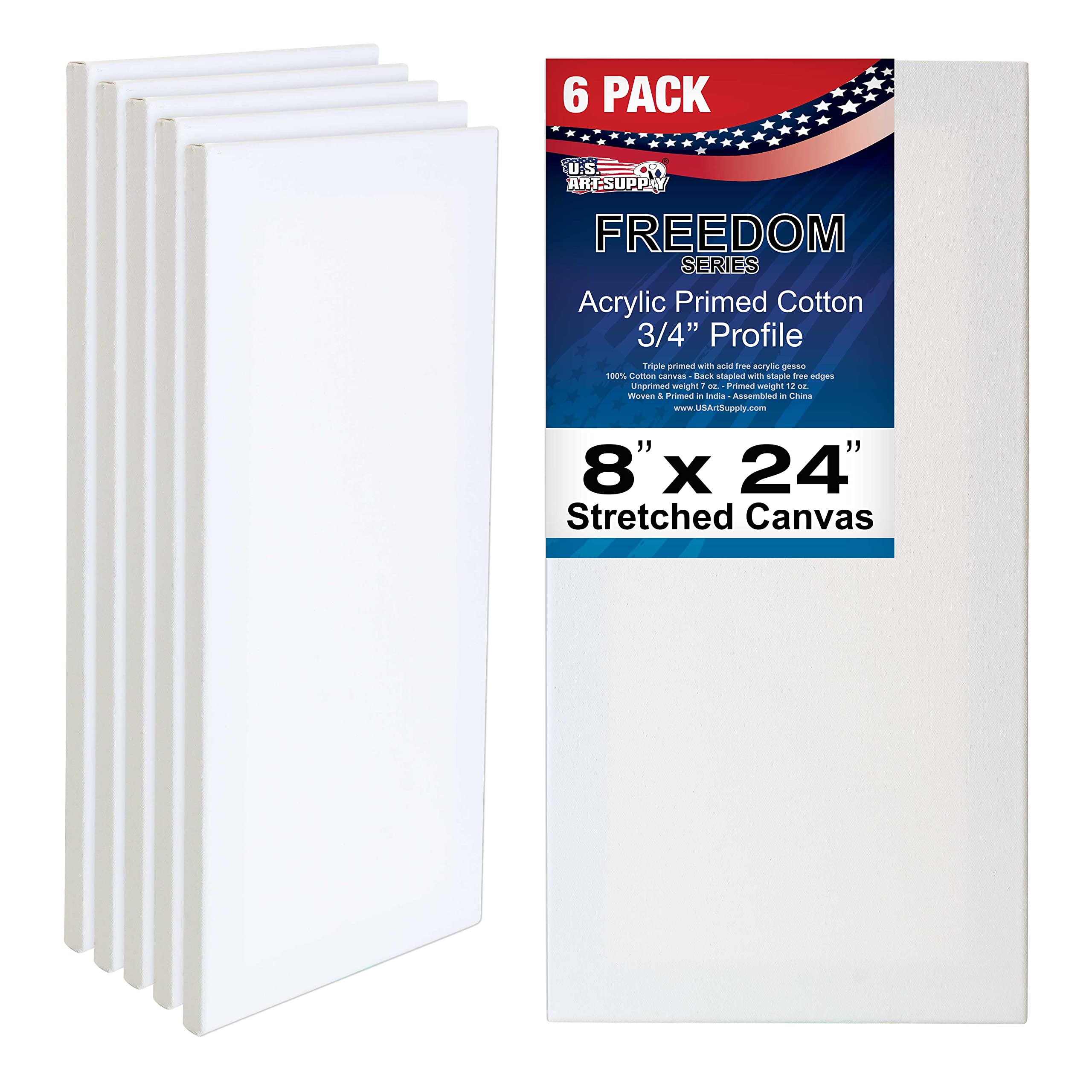 U.S. Art Supply 8 x 24 inch Stretched Canvas 12-Ounce Triple Primed, 6-Pack - Professional Artist Quality White Blank 3/4" Profile, 100% Cotton, Heavy-Weight Gesso - Acrylic Pouring, Oil Painting