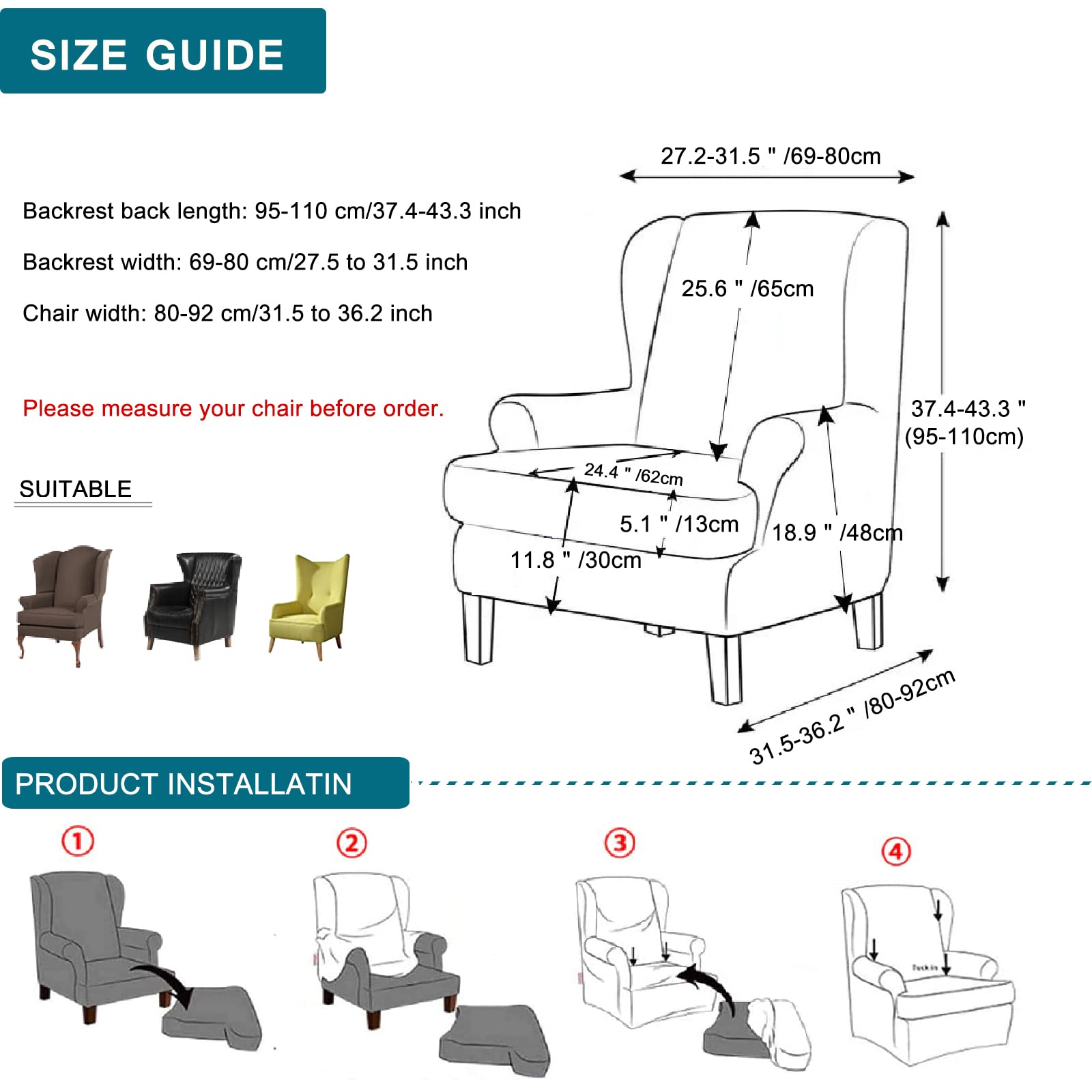 KRFOONN Wingback Chair Cover Slipcovers 2 Piece Stretch Wing Chair Covers Spandex Sofa/Armchair Non-Slip Furniture Protector for Living Room, Color01