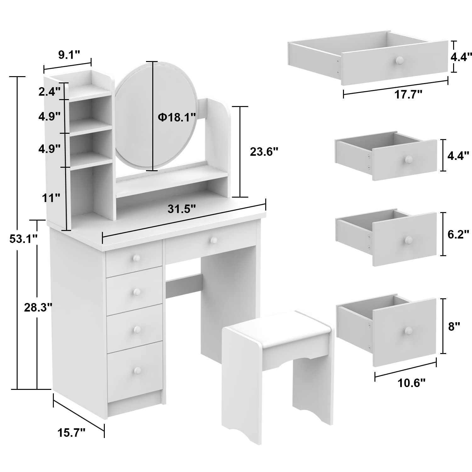 FAMAPY Vanity Desk with Mirror, Lights and Drawers for Makeup, includes Shelves, Cushion Stool for Bedroom White (31.5”W x 15.7”D x 53.1”H)