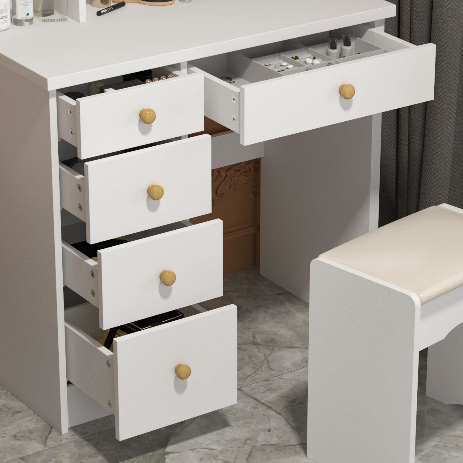 FAMAPY Vanity Desk with Mirror, Lights and Drawers for Makeup, includes Shelves, Cushion Stool for Bedroom White (31.5”W x 15.7”D x 53.1”H)