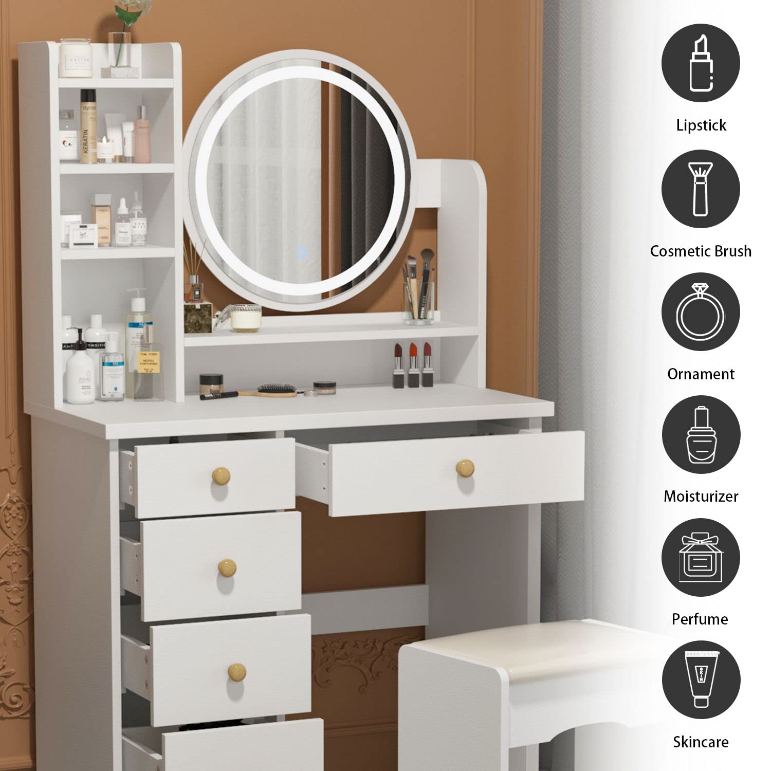 FAMAPY Vanity Desk with Mirror, Lights and Drawers for Makeup, includes Shelves, Cushion Stool for Bedroom White (31.5”W x 15.7”D x 53.1”H)