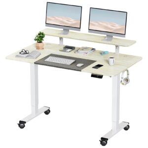 woka 55 x 28 inch electric standing desk with wheels, height adjustable stand up desk with a monitor stand riser, standing computer desk with memory controllers, adjustable desks for home office