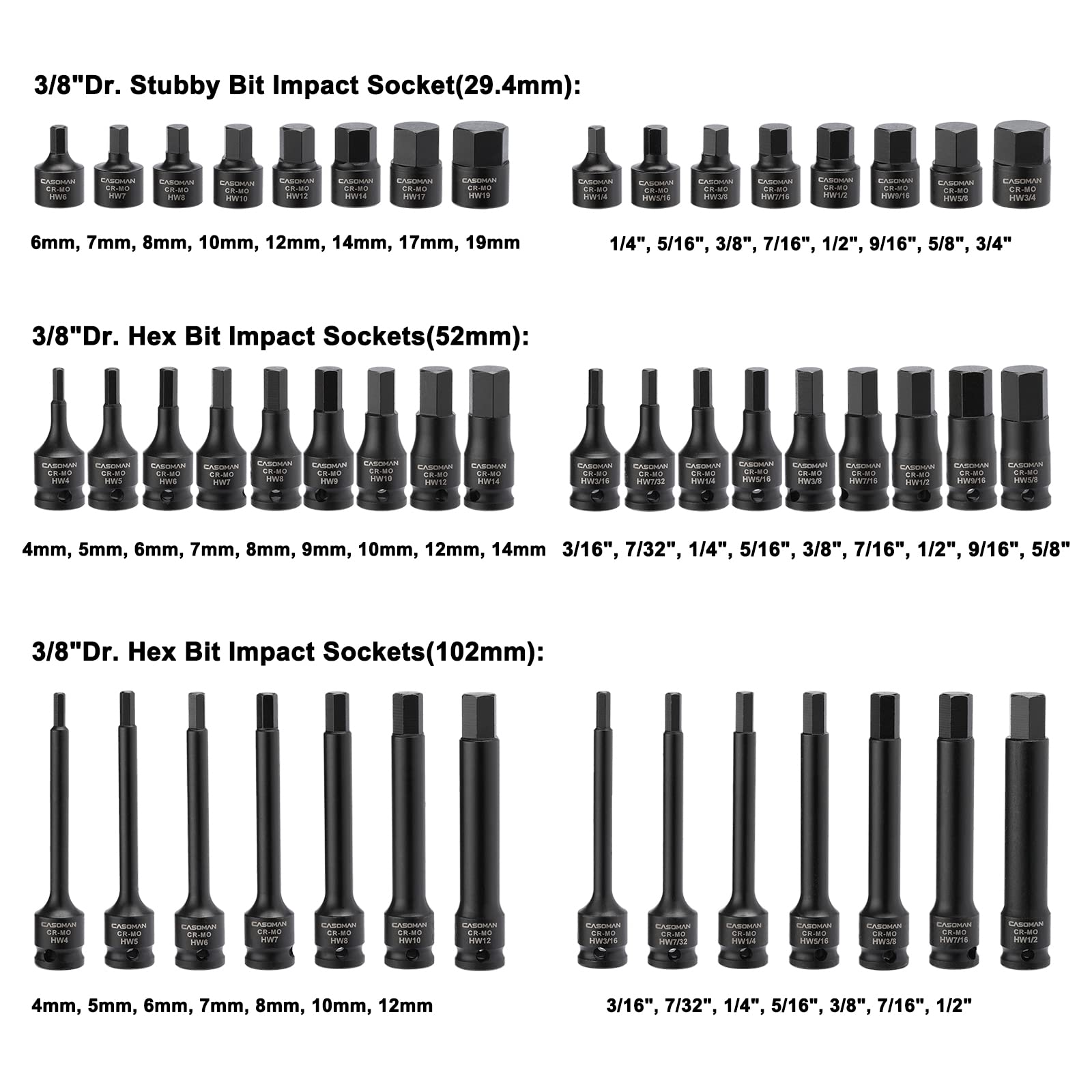 CASOMAN 84 Pieces 3/8" Dr. Master Hex Bit Impact Socket Set, CR-MO, SAE/Metric, Impact Grade, 3/8" Drive Allen Bit Socket Set