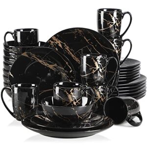 lovecasa black dish set for 8, 32 piece porcelain dinnerware sets plates and bowls sets, gold splash glaze round dinner plates, stylish and modern dinner set with mugs, dishwasher & microwave safe