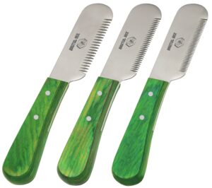 brutul fight bee dog grooming coat stripping knife stripper trimmer tool wooden handle stripping knives set of 3 with stainless steel blade non-slip tools for dogs - right handed tool (green)