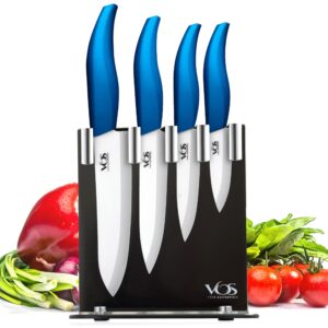 vos ceramic knife set with block, ceramic knives set for kitchen, ceramic kitchen knives with holder, ceramic paring knife 3", 4", 5", 6" inch blue