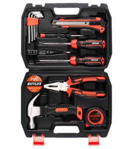 difflife tool sets household tool kit 15-piece,general home/auto repair tool set with hammer, pliers, screwdriver set and toolbox storage case - perfect for homeowner, diyer, handyman (15-piece)…