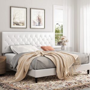 keyluv upholstered platform bed frame with button tufted headboard, faux leather, wooden slats support, no box spring needed, easy assembly, full size, white