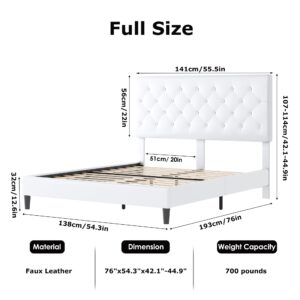 Keyluv Upholstered Platform Bed Frame with Button Tufted Headboard, Faux Leather, Wooden Slats Support, No Box Spring Needed, Easy Assembly, Full Size, White