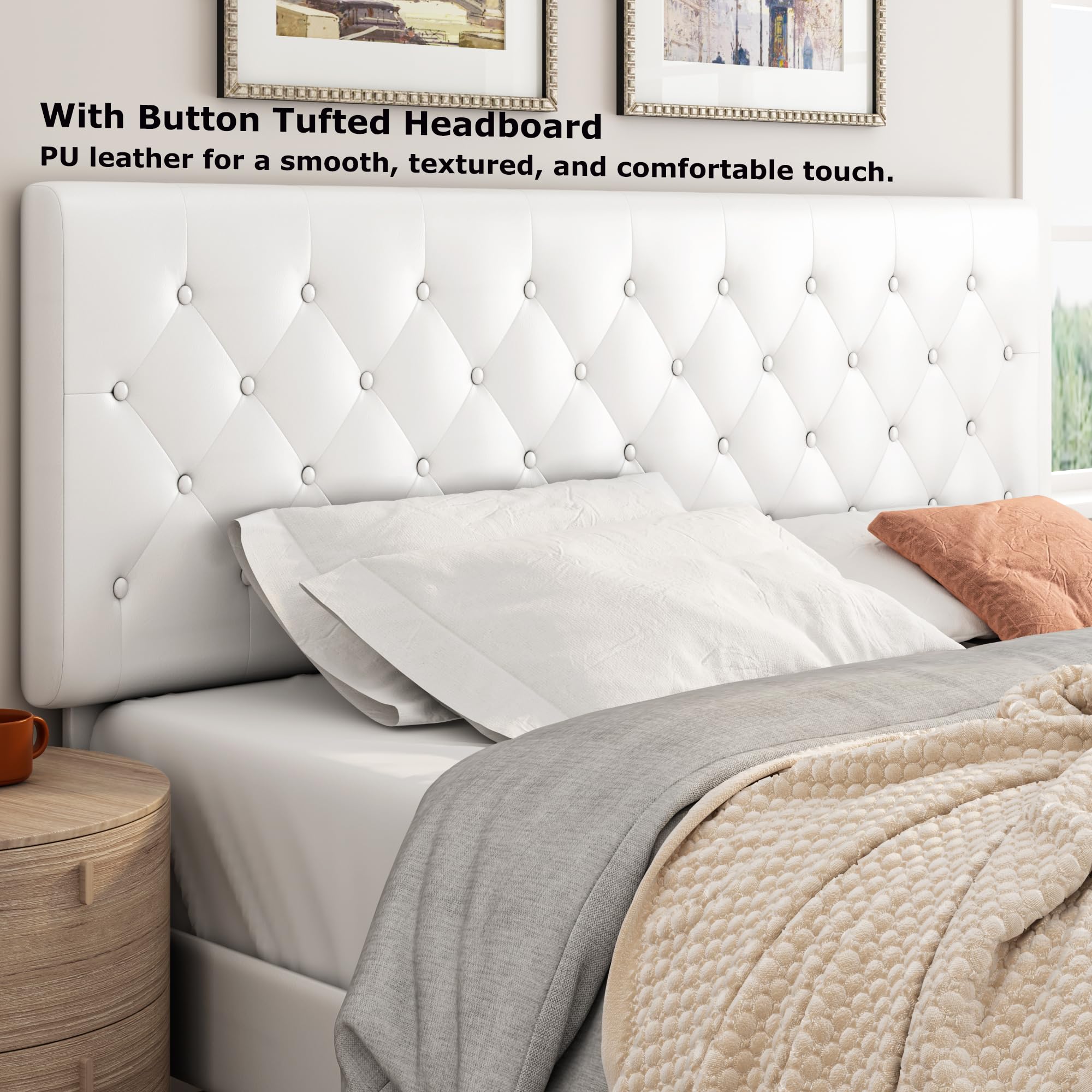 Keyluv Upholstered Platform Bed Frame with Button Tufted Headboard, Faux Leather, Wooden Slats Support, No Box Spring Needed, Easy Assembly, Full Size, White