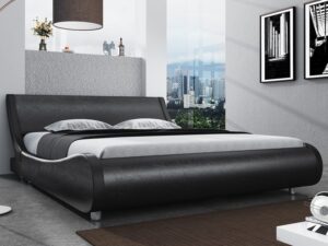 sha cerlin modern low profile platform bed frame queen size, stylish faux leather upholstered sleigh bed with adjustable headboard, no box spring needed, glossy black