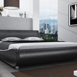 SHA CERLIN Modern Low Profile Platform Bed Frame Queen Size, Stylish Faux Leather Upholstered Sleigh Bed with Adjustable Headboard, No Box Spring Needed, Glossy Black