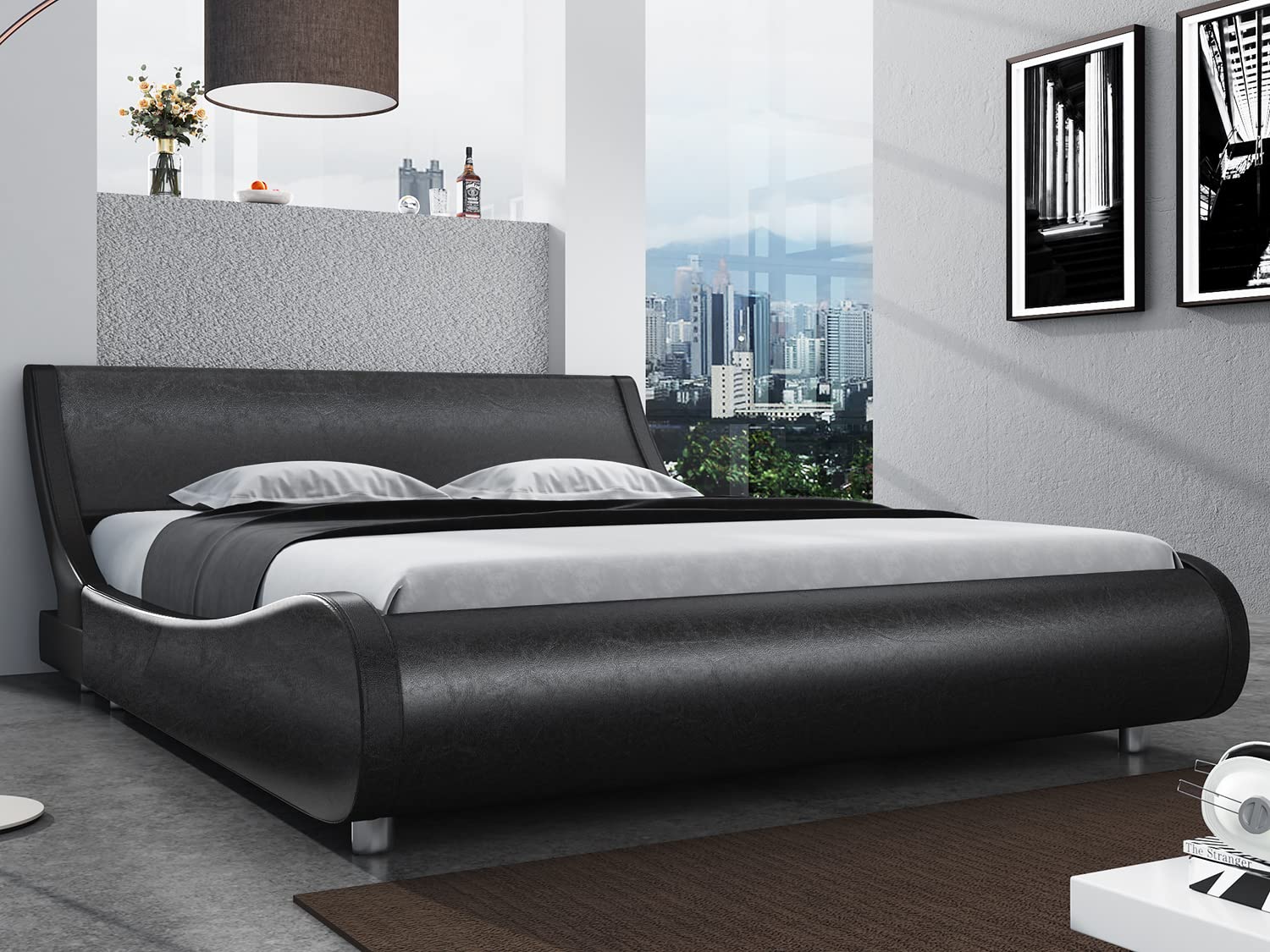 SHA CERLIN Modern Low Profile Platform Bed Frame Queen Size, Stylish Faux Leather Upholstered Sleigh Bed with Adjustable Headboard, No Box Spring Needed, Glossy Black