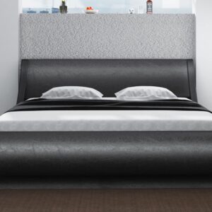 SHA CERLIN Modern Low Profile Platform Bed Frame Queen Size, Stylish Faux Leather Upholstered Sleigh Bed with Adjustable Headboard, No Box Spring Needed, Glossy Black