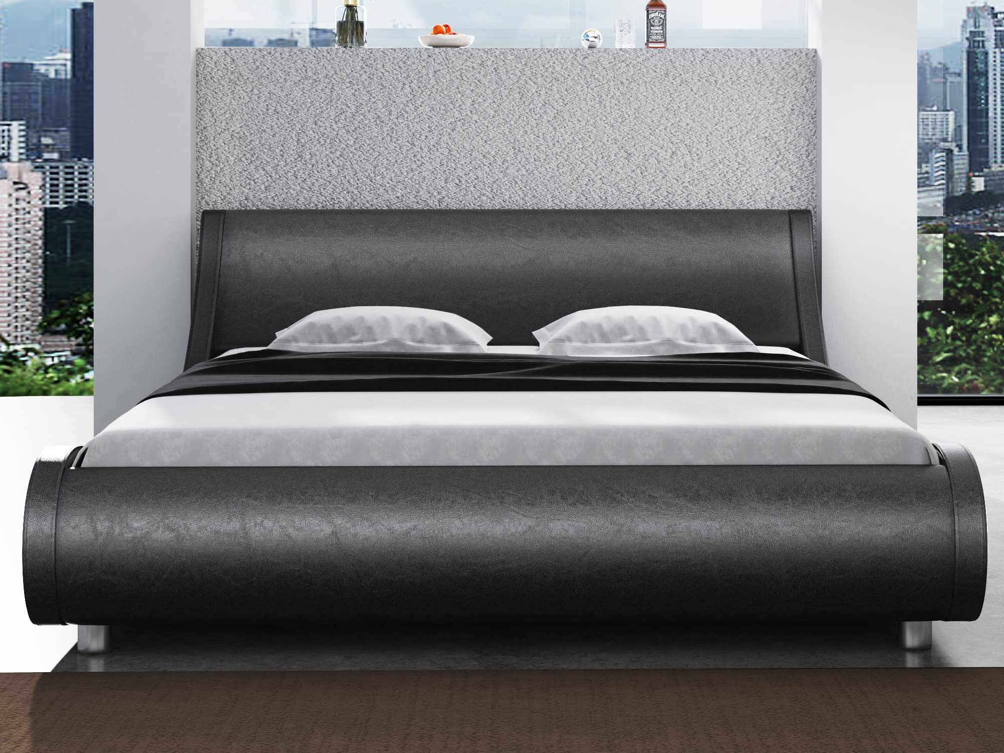 SHA CERLIN Modern Low Profile Platform Bed Frame Queen Size, Stylish Faux Leather Upholstered Sleigh Bed with Adjustable Headboard, No Box Spring Needed, Glossy Black