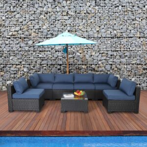 valita 7 piece outdoor pe wicker furniture set, patio black rattan sectional sofa couch with washable navy blue cushions…