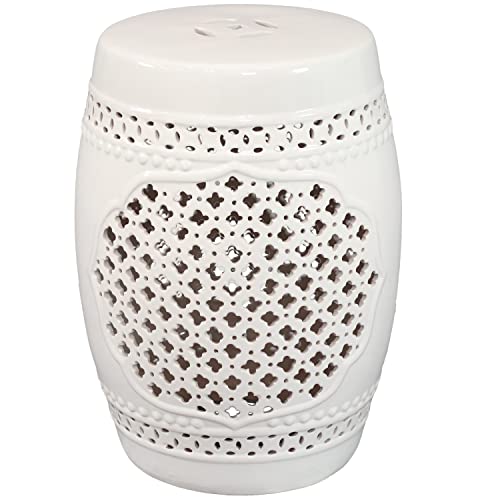 Sunnydaze Marrakesh Ceramic Garden Stool Side Table with Lattice Design - Indoor or Outdoor - 17.75-Inch H - White Glazed Finish