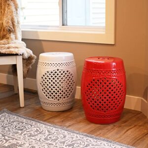 Sunnydaze Marrakesh Ceramic Garden Stool Side Table with Lattice Design - Indoor or Outdoor - 17.75-Inch H - White Glazed Finish