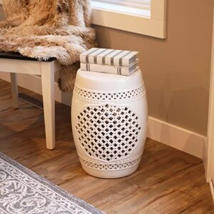 Sunnydaze Marrakesh Ceramic Garden Stool Side Table with Lattice Design - Indoor or Outdoor - 17.75-Inch H - White Glazed Finish