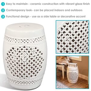 Sunnydaze Marrakesh Ceramic Garden Stool Side Table with Lattice Design - Indoor or Outdoor - 17.75-Inch H - White Glazed Finish