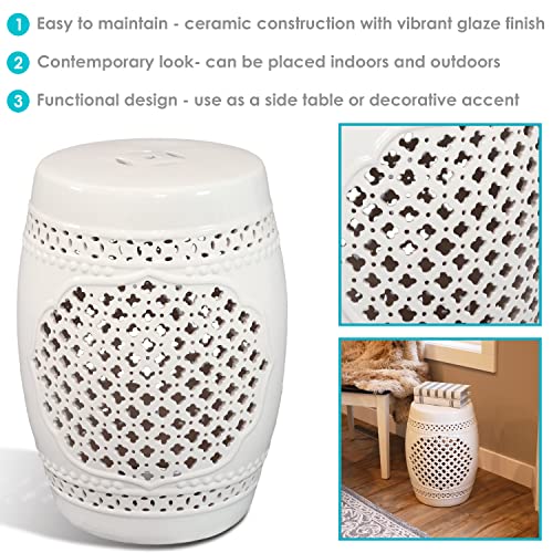 Sunnydaze Marrakesh Ceramic Garden Stool Side Table with Lattice Design - Indoor or Outdoor - 17.75-Inch H - White Glazed Finish