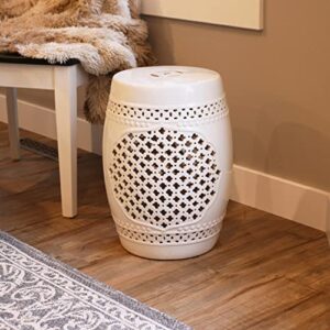 Sunnydaze Marrakesh Ceramic Garden Stool Side Table with Lattice Design - Indoor or Outdoor - 17.75-Inch H - White Glazed Finish