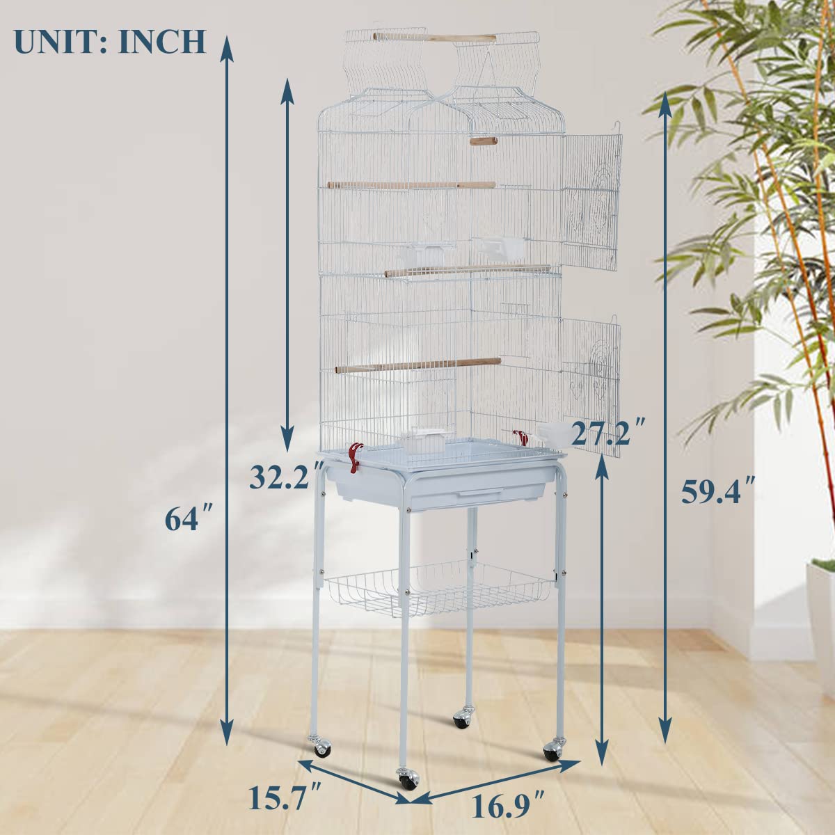 Bird Cages for Parakeets Cockatiels Lovebirds Macaw Conure, Large 64 Inch Open Top Parakeet Cage with Stand & Storage Shelf, White Wrought Iron Flight Pet House