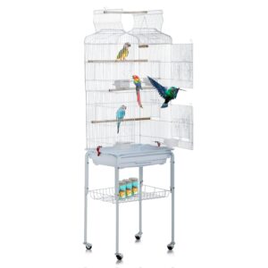 bird cages for parakeets cockatiels lovebirds macaw conure, large 64 inch open top parakeet cage with stand & storage shelf, white wrought iron flight pet house