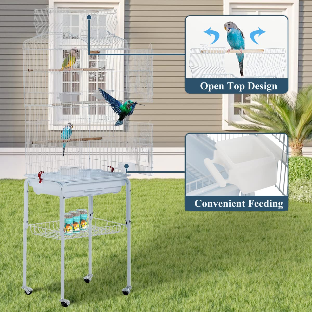 Bird Cages for Parakeets Cockatiels Lovebirds Macaw Conure, Large 64 Inch Open Top Parakeet Cage with Stand & Storage Shelf, White Wrought Iron Flight Pet House