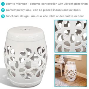 Sunnydaze Knotted Quatrefoil Ceramic Garden Stool Side Table - Indoor or Outdoor - 18-Inch H - White Glazed Finish