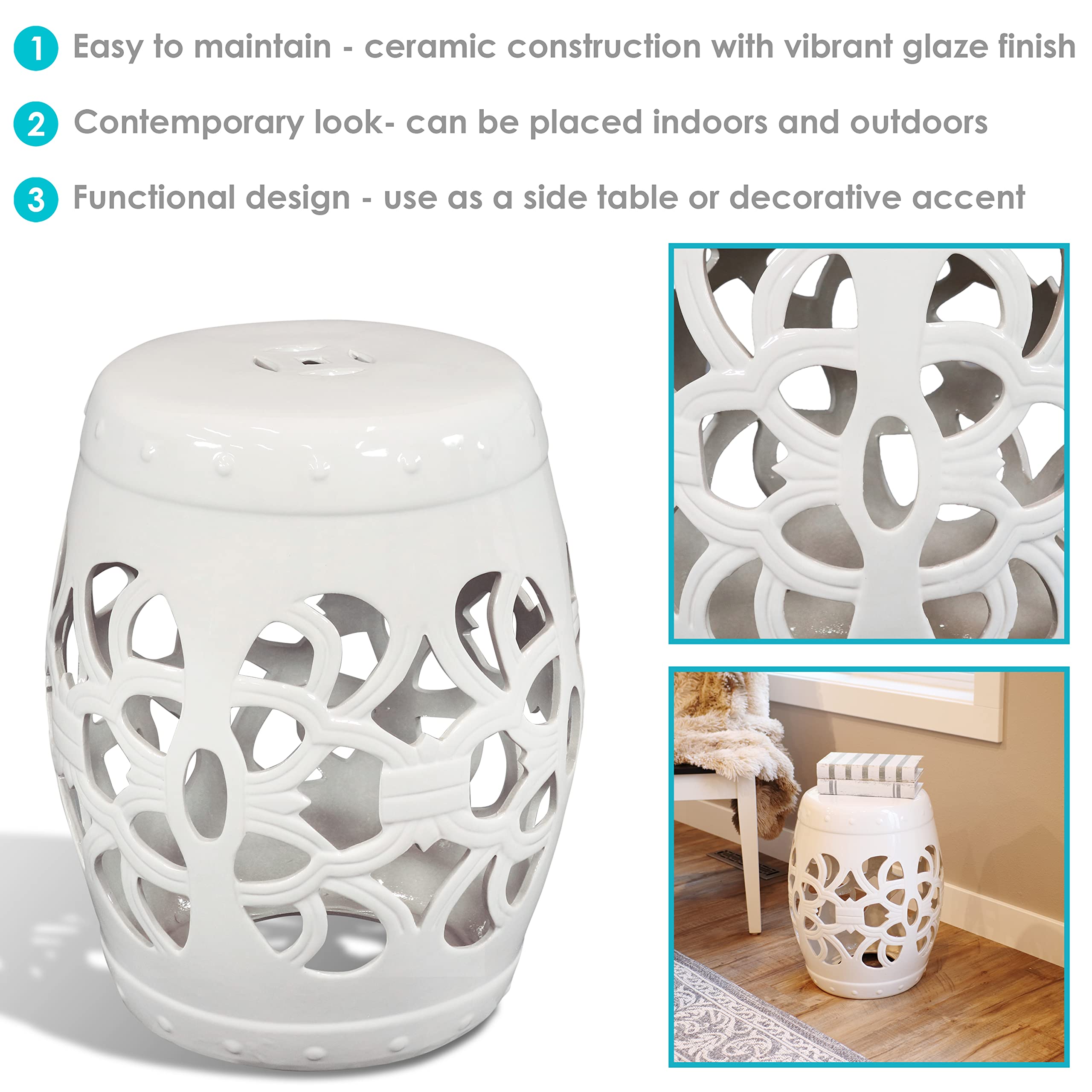 Sunnydaze Knotted Quatrefoil Ceramic Garden Stool Side Table - Indoor or Outdoor - 18-Inch H - White Glazed Finish