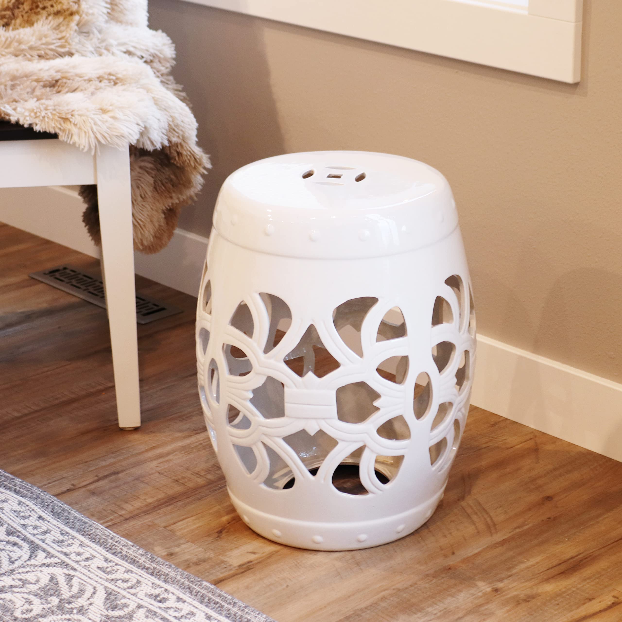 Sunnydaze Knotted Quatrefoil Ceramic Garden Stool Side Table - Indoor or Outdoor - 18-Inch H - White Glazed Finish