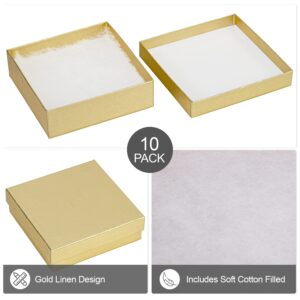 Cardboard Jewelry Boxes 10 Pack - 3.5"x3.5"x1" Bulk Cotton Filled Small Gift Boxes with Lids for Jewelry Packaging (Gold Linen)